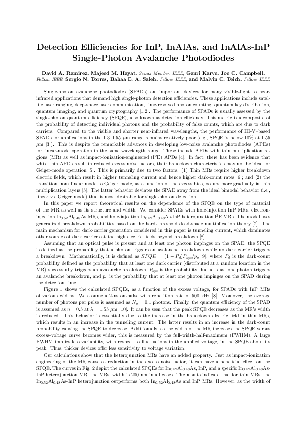 (PDF) Detection Efficiencies for InP, InAlAs, and InAlAs-InP Single-Photon Avalanche Photodiodes