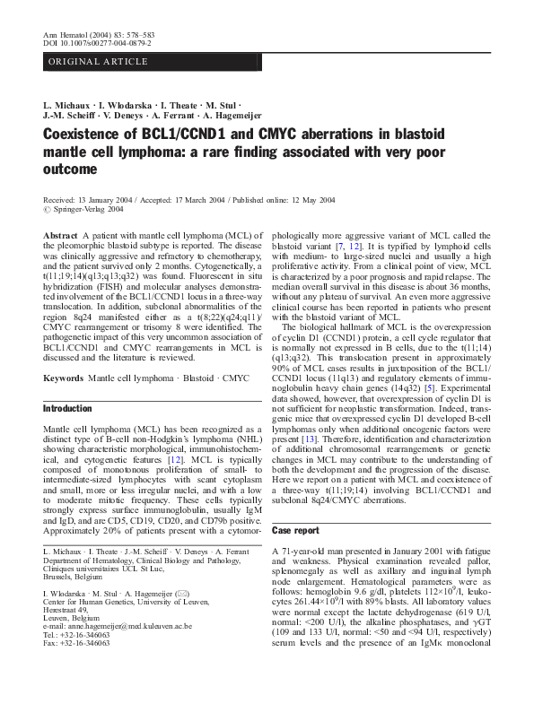 (PDF) Coexistence of BCL1/CCND1 and CMYC aberrations in blastoid mantle cell lymphoma: a rare ...