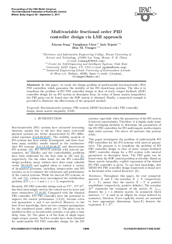 Pdf Multivariable Fractional Order Pid Controller Design Via Lmi Approach