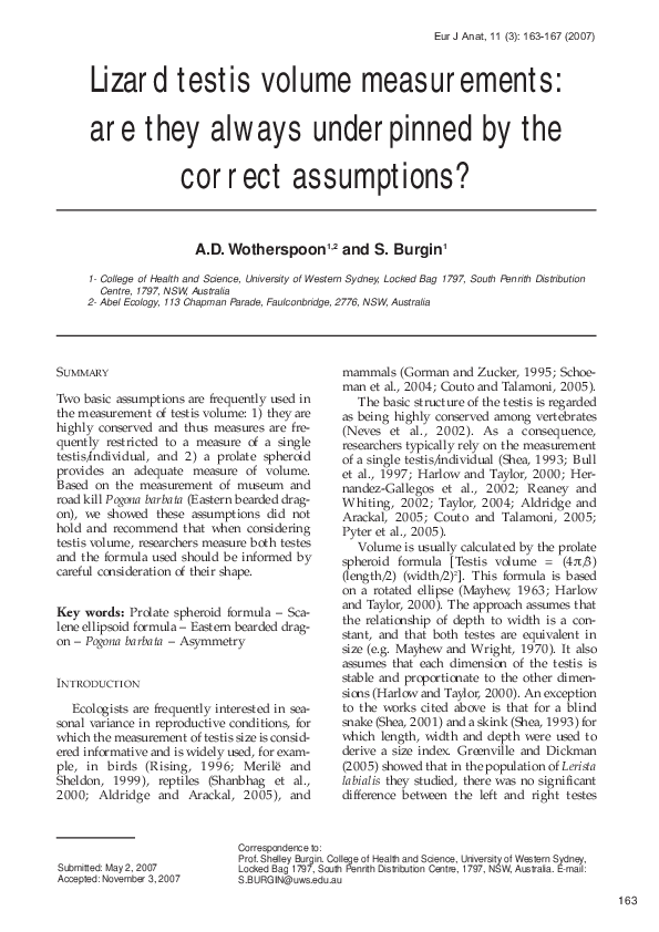 (PDF) Lizard testes volume measurements: Are they always underpinned by ...