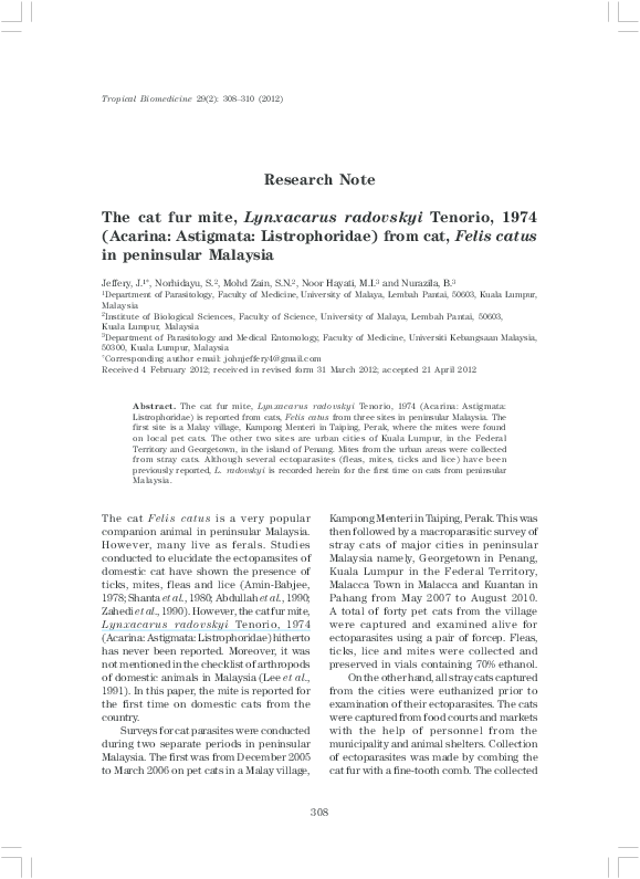 (PDF) The cat fur mite, Lynxacarus radovskyi Tenorio, 1974 (Acarina ...