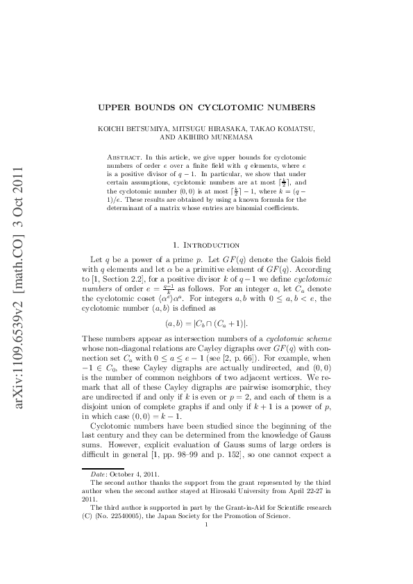 (PDF) Upper bounds on cyclotomic numbers