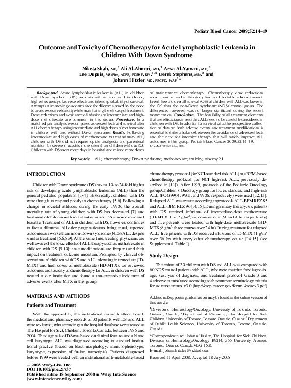 (PDF) Clinical characteristics and outcome of children with Down ...