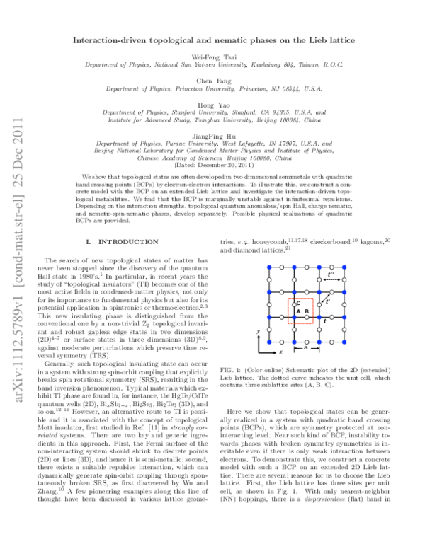 (PDF) Interaction-driven topological and nematic phases on the Lieb lattice
