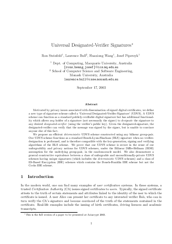 (PDF) Universal Designated-Verifier Signatures