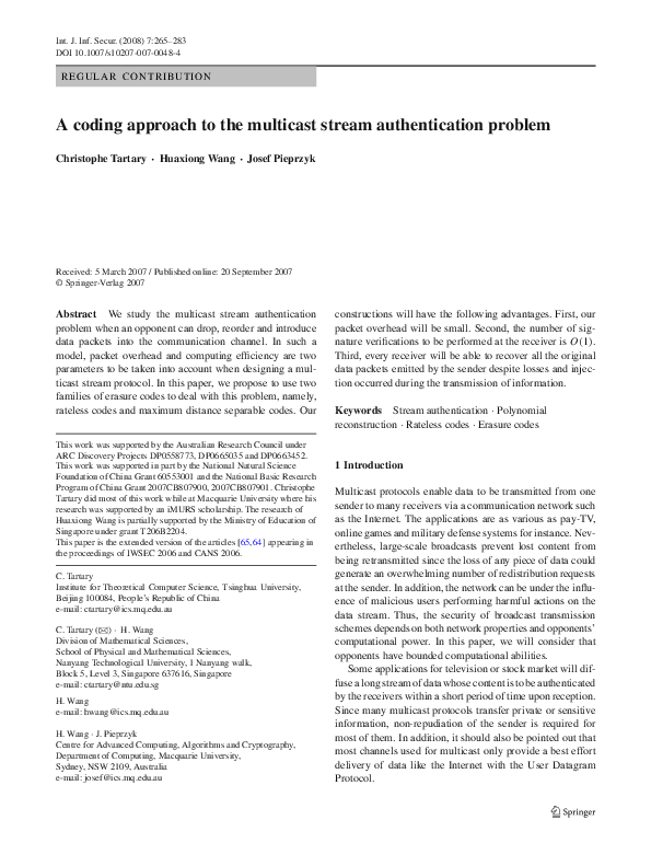 Pdf A Coding Approach To The Multicast Stream Authentication Problem