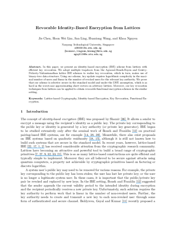 (PDF) Revocable Identity-Based Encryption from Lattices