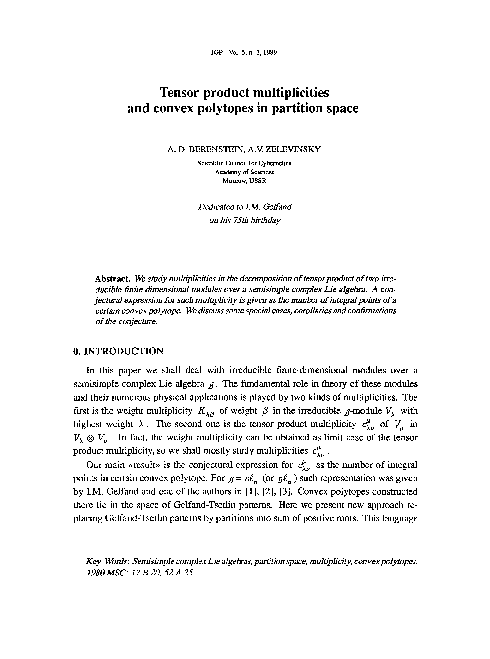 (PDF) Tensor product multiplicities and convex polytopes in partition space