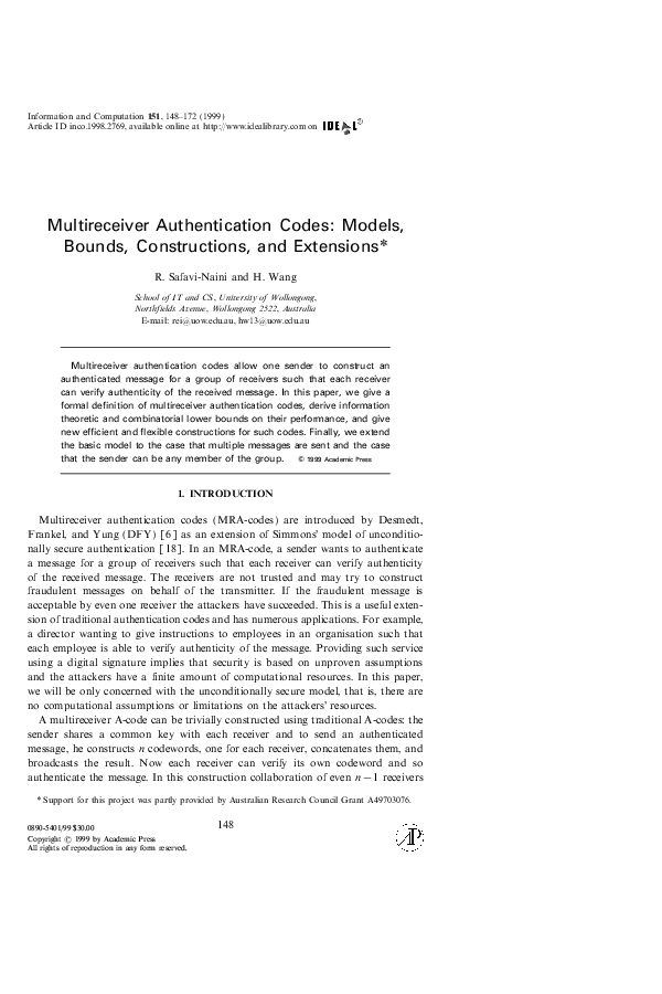 (PDF) Multireceiver Authentication Codes: Models, Bounds, Constructions, and Extensions