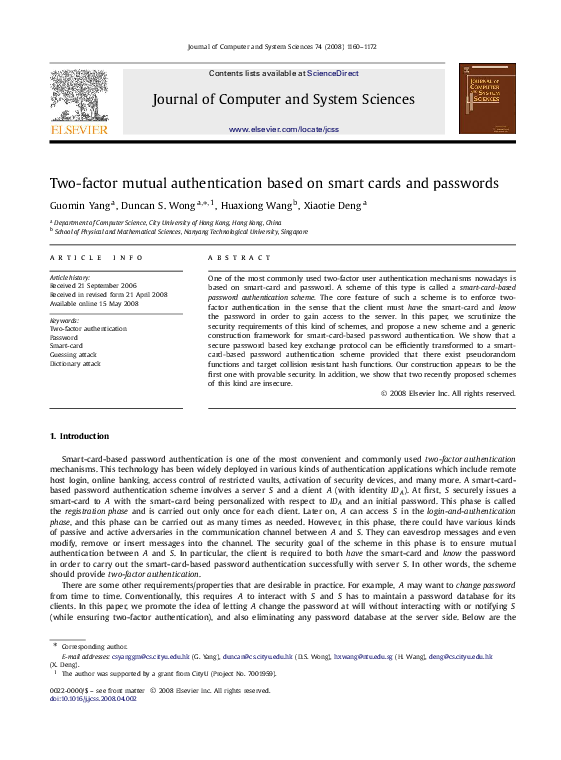 Pdf Two Factor Mutual Authentication Based On Smart Cards And Passwords 