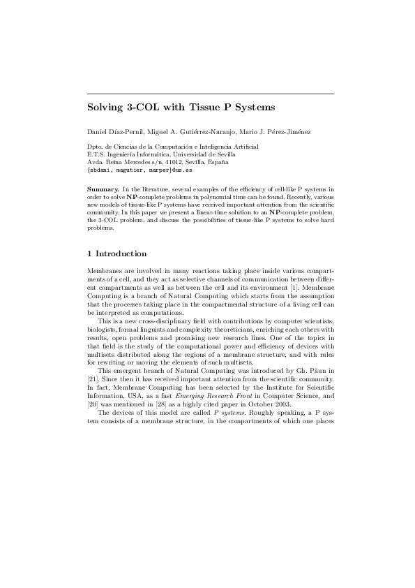 (PDF) Solving 3COL with Tissue P Systems