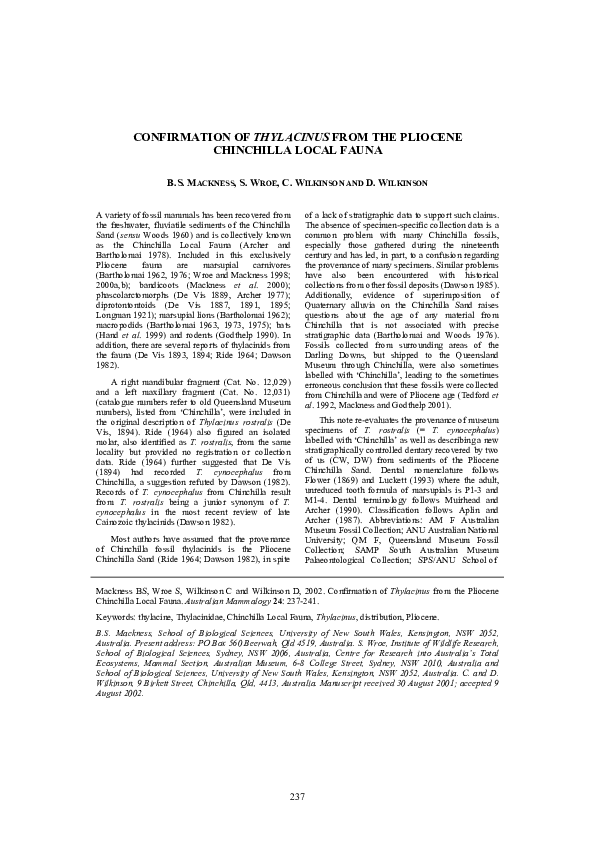 (PDF) CONFIRMATION OF THYLACINUS FROM THE PLIOCENE CHINCHILLA LOCAL ...