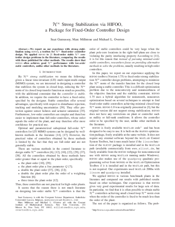 (PDF) Hinfinity strong stabilization via HIFOO, a package for fixed-order controller design