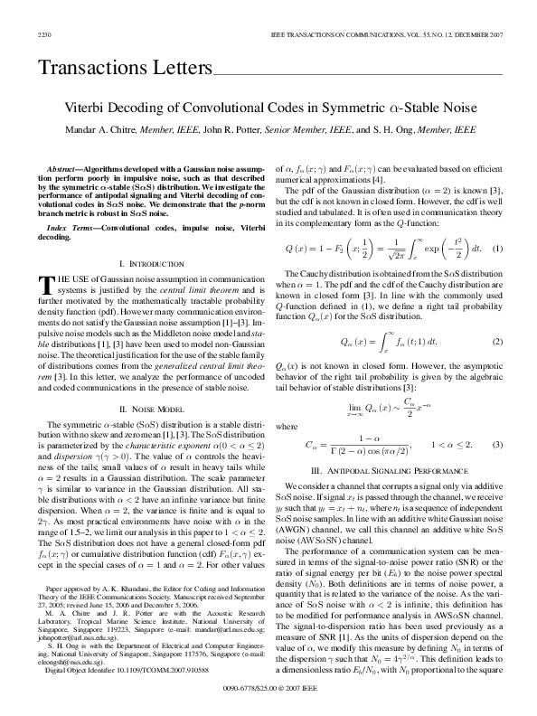 (PDF) Viterbi Decoding of Convolutional Codes in Symmetric α -Stable Noise