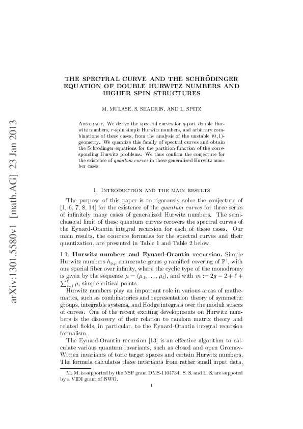 (PDF) The spectral curve and the Schrödinger equation of double Hurwitz ...