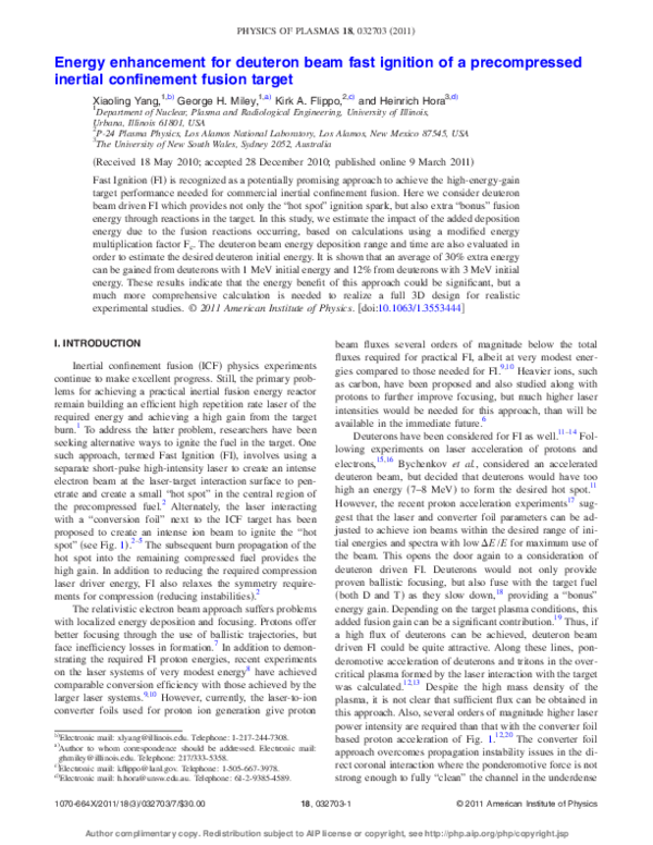 (PDF) Deuteron Beam Driven Fast Ignition of a Pre-Compressed Inertial ...