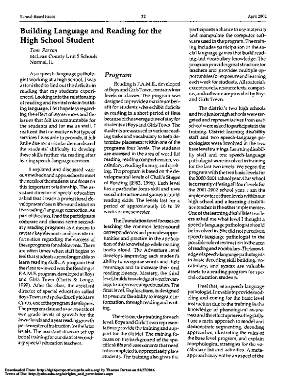 (PDF) Building Language and Reading for the High School Student