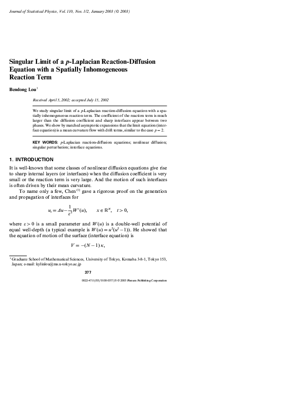 (PDF) Singular Limit of a p-Laplacian Reaction-Diffusion Equation with a Spatially Inhomogeneous ...