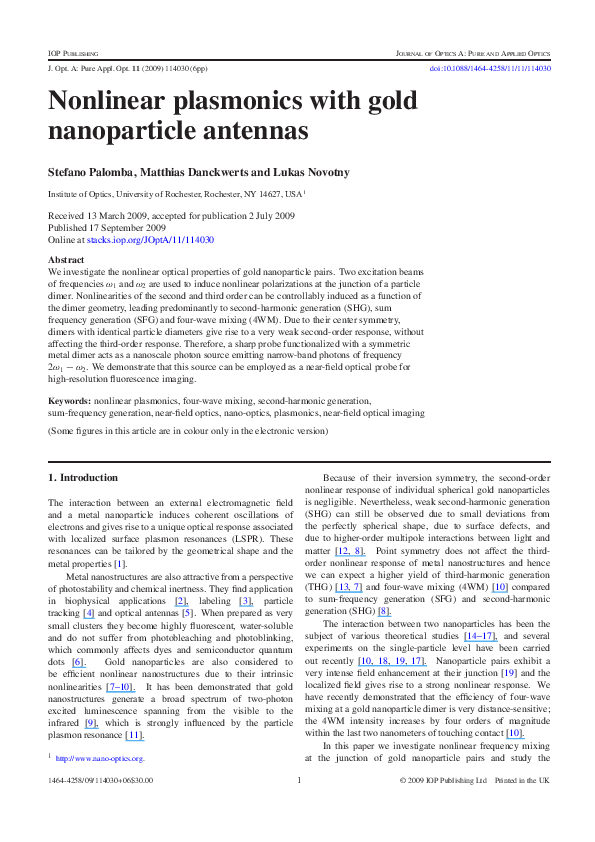 (PDF) Nonlinear plasmonics with gold nanoparticle antennas