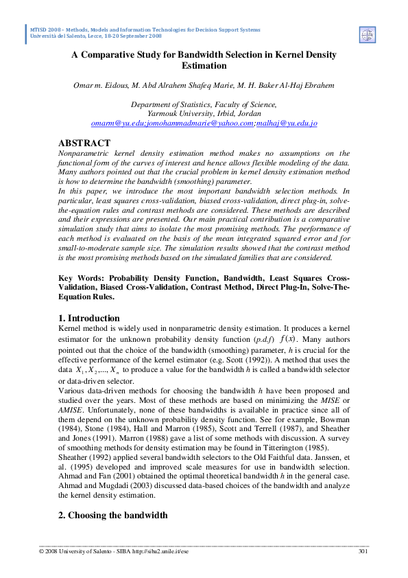 (PDF) A Comparative Study for Bandwidth Selection in Kernel Density Estimation