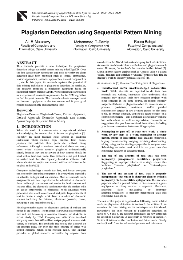 (PDF) Plagiarism Detection using Sequential Pattern Mining
