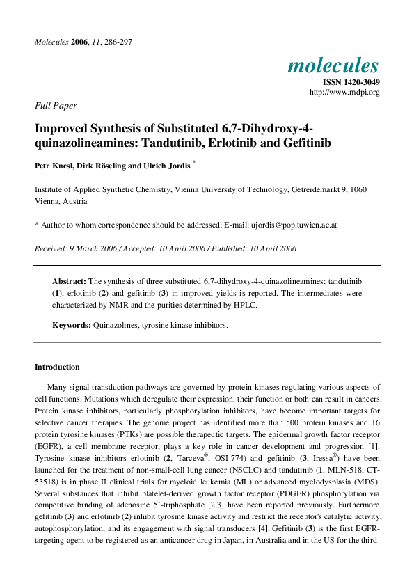 (PDF) Improved Synthesis of Substituted 6,7-Dihydroxy-4-quinazolineamines: Tandutinib, Erlotinib ...
