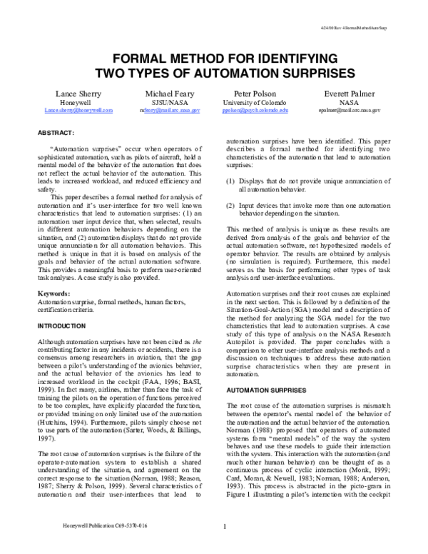 Pdf Identifying Automation Surprises In Operators