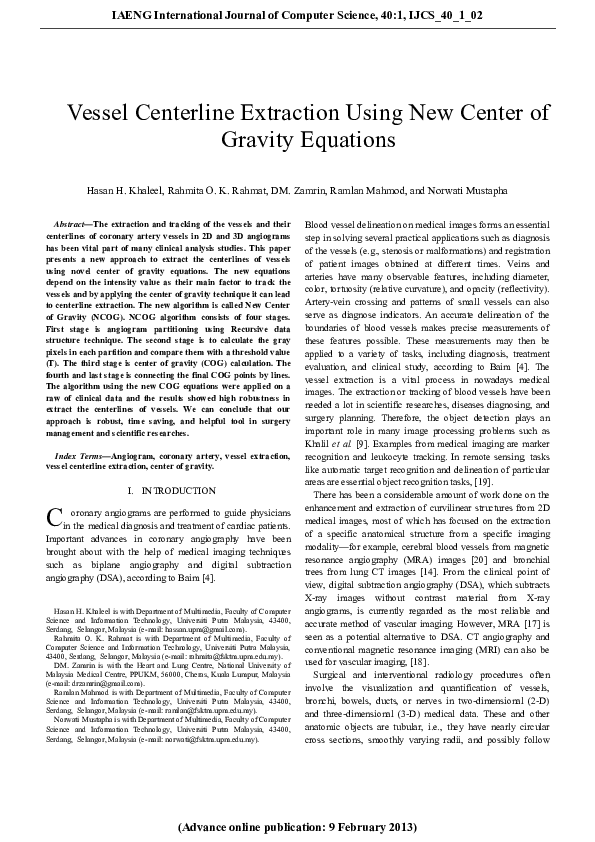 (PDF) Vessel Centerline Extraction Using New Center of Gravity Equations