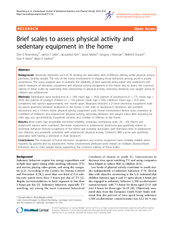 (PDF) Brief scales to assess physical activity and sedentary equipment in the home | Violet Lee ...