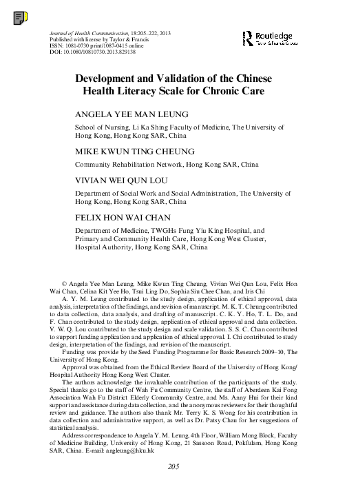 (PDF) Development and validation of the chinese health literacy scale for chronic care