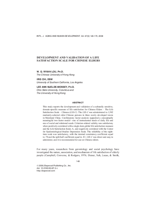 Pdf Development And Validation Of A Life Satisfaction Scale For Chinese Elders