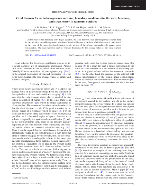 Pdf Virial Theorem One Particle Density Matrix And Equilibrium