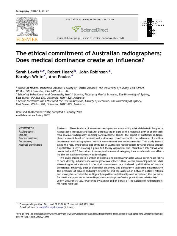 (PDF) The ethical commitment of Australian radiographers: Does medical ...