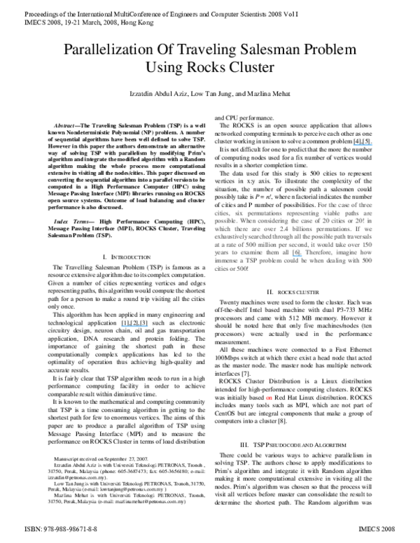 Pdf Parallelization Of Traveling Salesman Problem Using Rocks Cluster