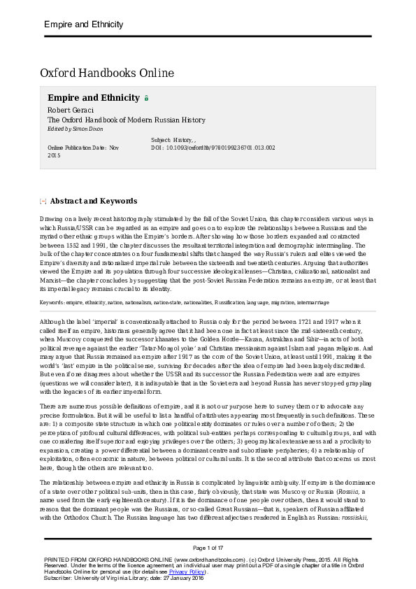 (PDF) Robert Geraci, "Empire and Ethnicity," Oxford Handbooks Online