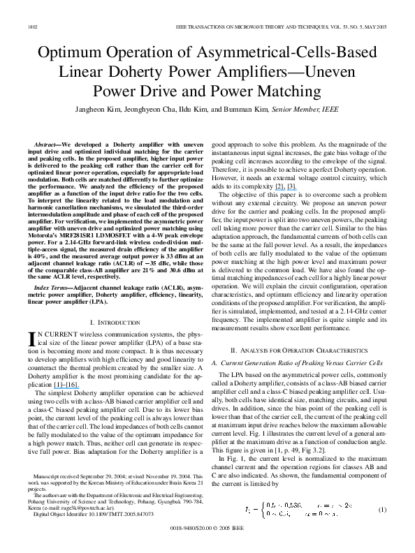 (PDF) Optimum operation of asymmetrical-cells-based linear Doherty power Amplifiers-uneven power ...