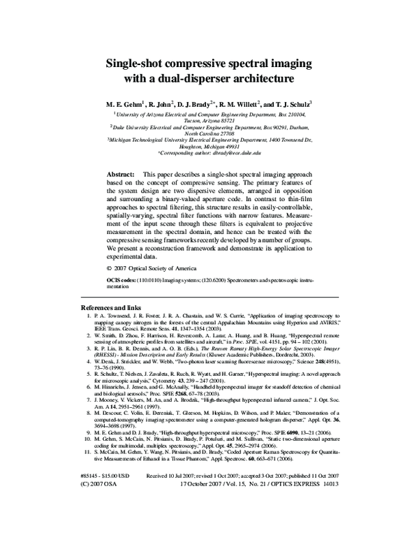 (PDF) Single-shot compressive spectral imaging with a dual-disperser architecture