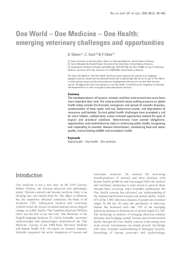(PDF) One world--one medicine--one health: emerging veterinary ...
