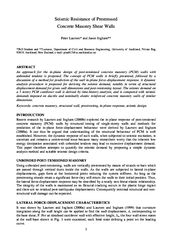 Pdf Seismic Resistance Of Prestressed Concrete Masonry Shear Walls