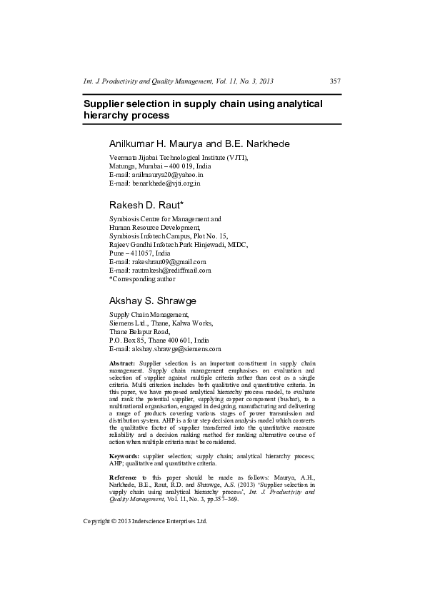 Pdf Supplier Selection In Supply Chain Using Analytical Hierarchy Process