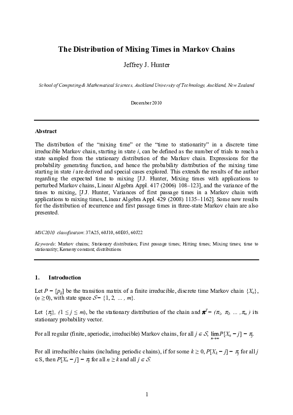 (PDF) THE DISTRIBUTION OF MIXING TIMES IN MARKOV CHAINS