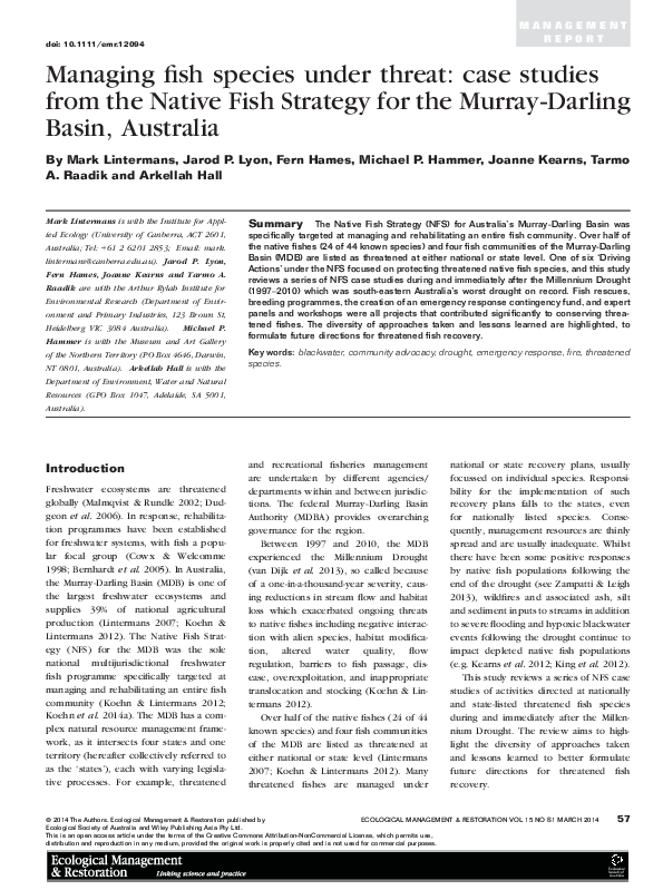 (PDF) Managing fish species under threat: case studies from the Native ...
