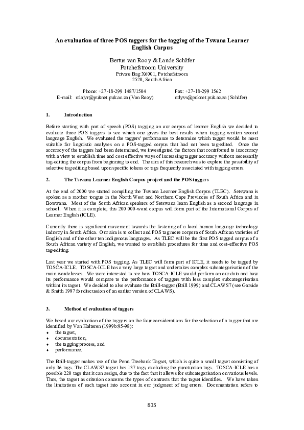 Pdf An Evaluation Of Three Pos Taggers For The Tagging Of The Tswana Learner English Corpus