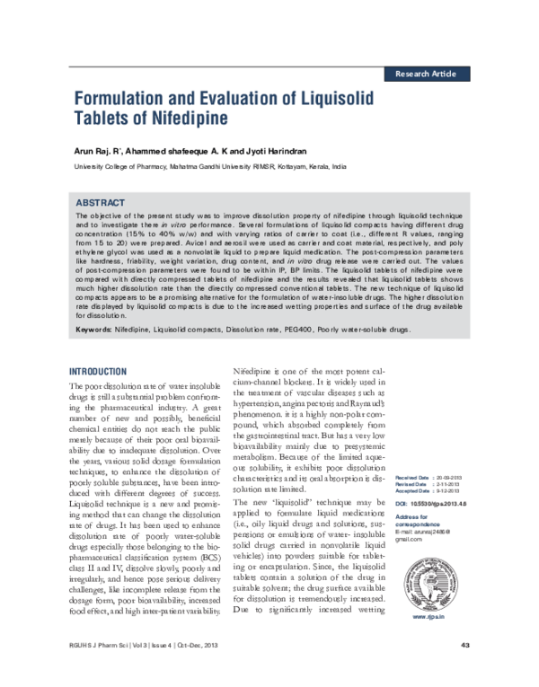 Pdf Formulation And Evaluation Of Liquisolid Tablets Of Nifedipine