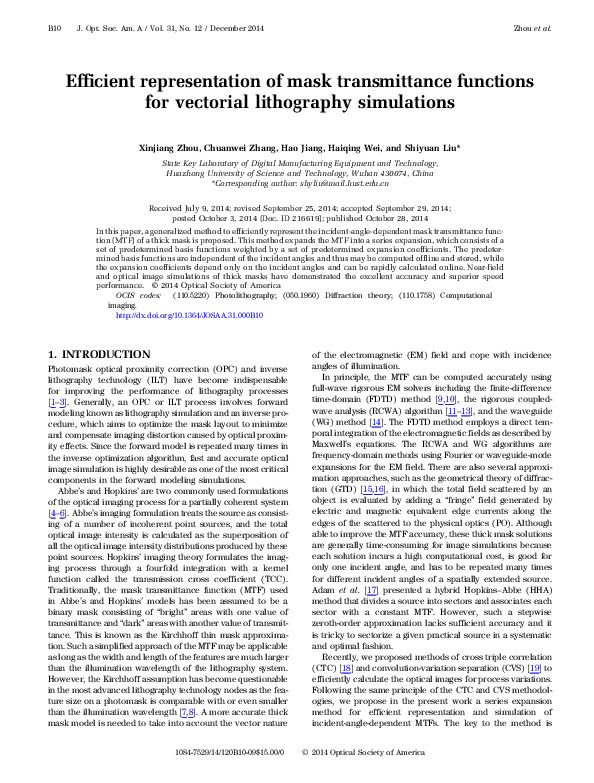 (PDF) Efficient representation of mask transmittance functions for vectorial lithography simulations