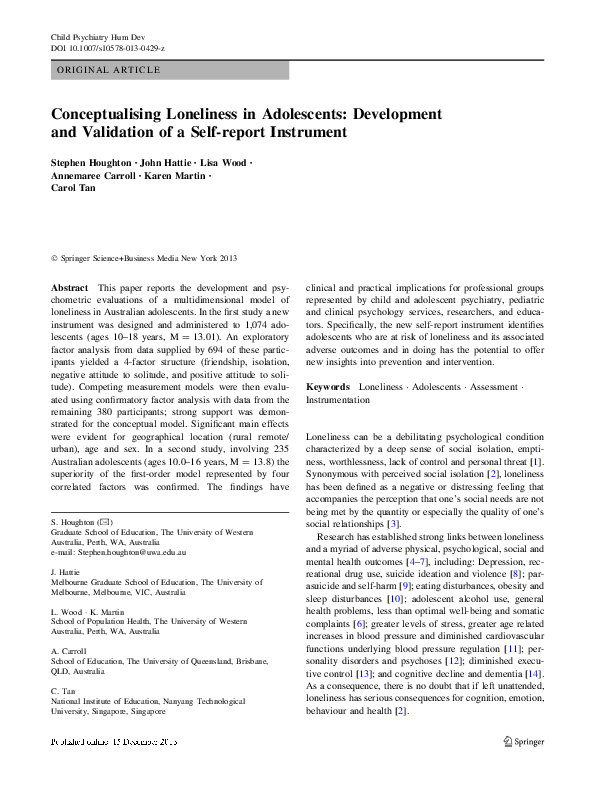 (PDF) Conceptualising Loneliness in Adolescents: Development and Validation of a Self-report ...