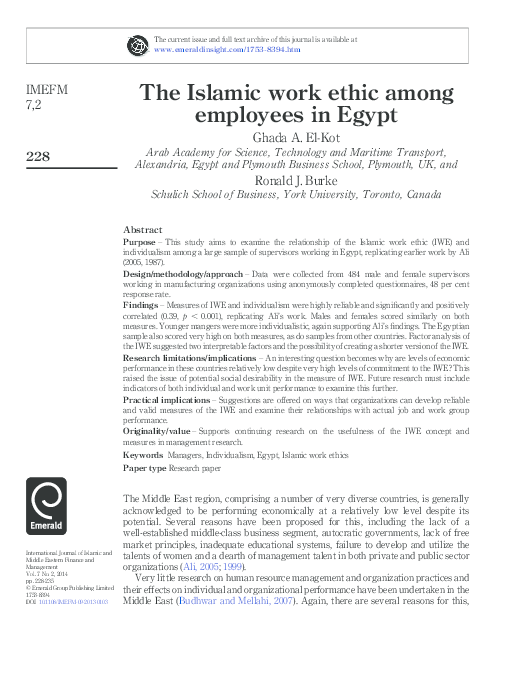 (PDF) The Islamic work ethic among employees in Egypt
