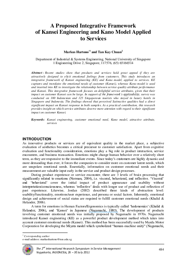 (PDF) A Proposed Integrative Framework of Kansei Engineering and Kano Model Applied to Services