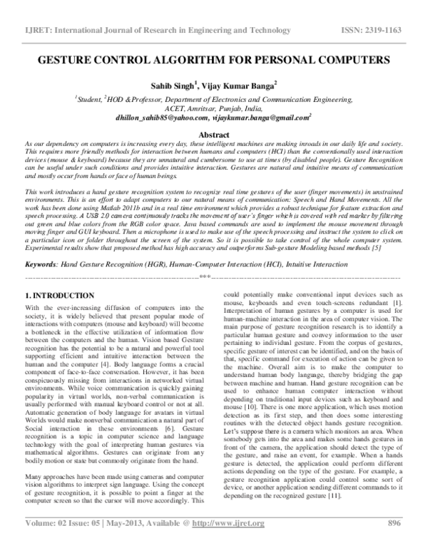 (PDF) GESTURE CONTROL ALGORITHM FOR PERSONAL COMPUTERS