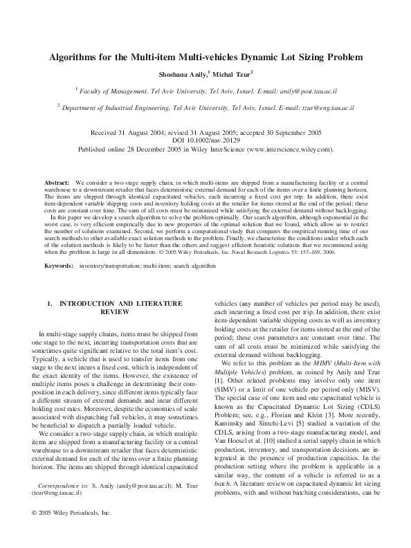 (PDF) Algorithms for the multi-item multi-vehicles dynamic lot sizing problem